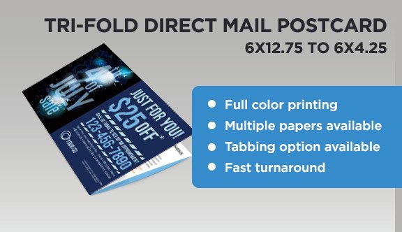 Affordable 6x12.75 to 6x4.25 inches Direct Mail Folded Postcard Printing